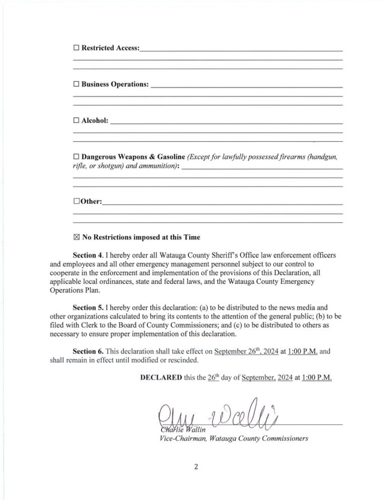 Watauga County Declaration of a State of Emergency for Hurricane Helene ...